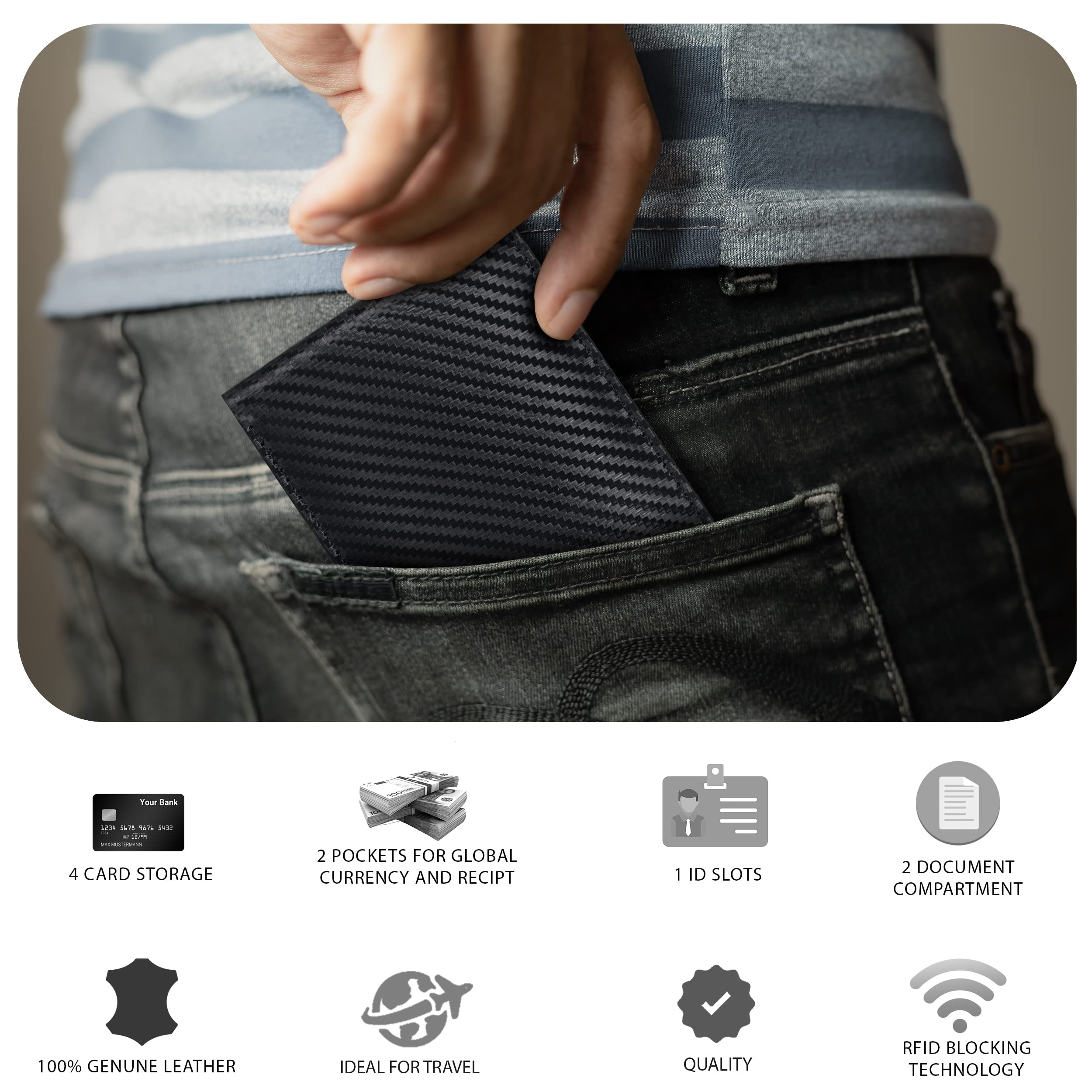 RFID Blocking Bifold Wallet | Genuine Leather | 1 ID | Multiple Credit Cards Slot | Minimalist Black Wallet For Men