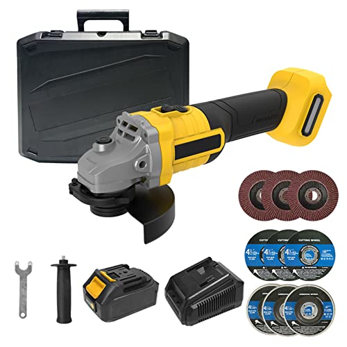 DALYNN 20V Brushless 4-1/2'' 115MM Power Angle Grinder Tool, 4.0Ah Li-Ion Battery Operated and Fast Charger, Electric Handheld Grinder for Metal Included Grinding Cutting Wheel and Grinding Disc Yell