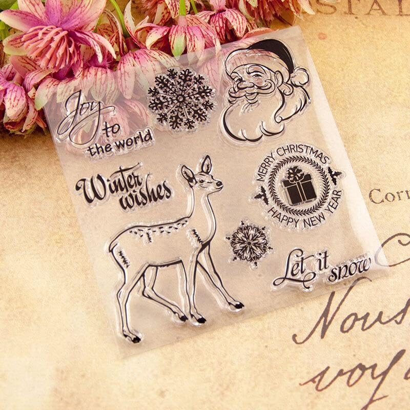 NZJ Merry Christmas Santa Elk Clear Stamp Background Transparent Silicone Stamp Rubber Stamp for Scrapbook Journal Card Making