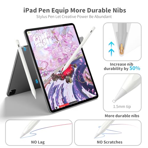 Stylus Pen for iPad,4X Fast Charge,10 Hour Use,Low Latency,Compatible Work for 2018-2024 iPad Air 11/13-inch(M2) Air/3/4/5/6,iPad Mini 5/6,iPad 6/7/8/9/10,iPad Pro 11/13-inch(M4),Pro 11"/12.9"(White)