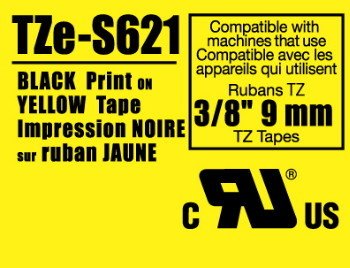Brother 3/8" (9mm) Black Print on Yellow Extra Strength Adhesive P-Touch Tape for Brother PT-200, PT200 Label Maker