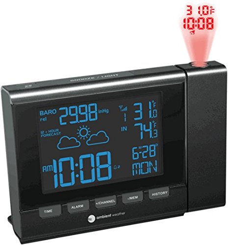 Ambient Weather RC-8401 Projection Clock with Forecast, Barometer, Atomic Clock and Indoor/Outdoor Temperature Color Changing Display