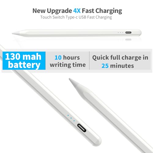 Stylus Pen for iPad,4X Fast Charge,10 Hour Use,Low Latency,Compatible Work for 2018-2024 iPad Air 11/13-inch(M2) Air/3/4/5/6,iPad Mini 5/6,iPad 6/7/8/9/10,iPad Pro 11/13-inch(M4),Pro 11"/12.9"(White)