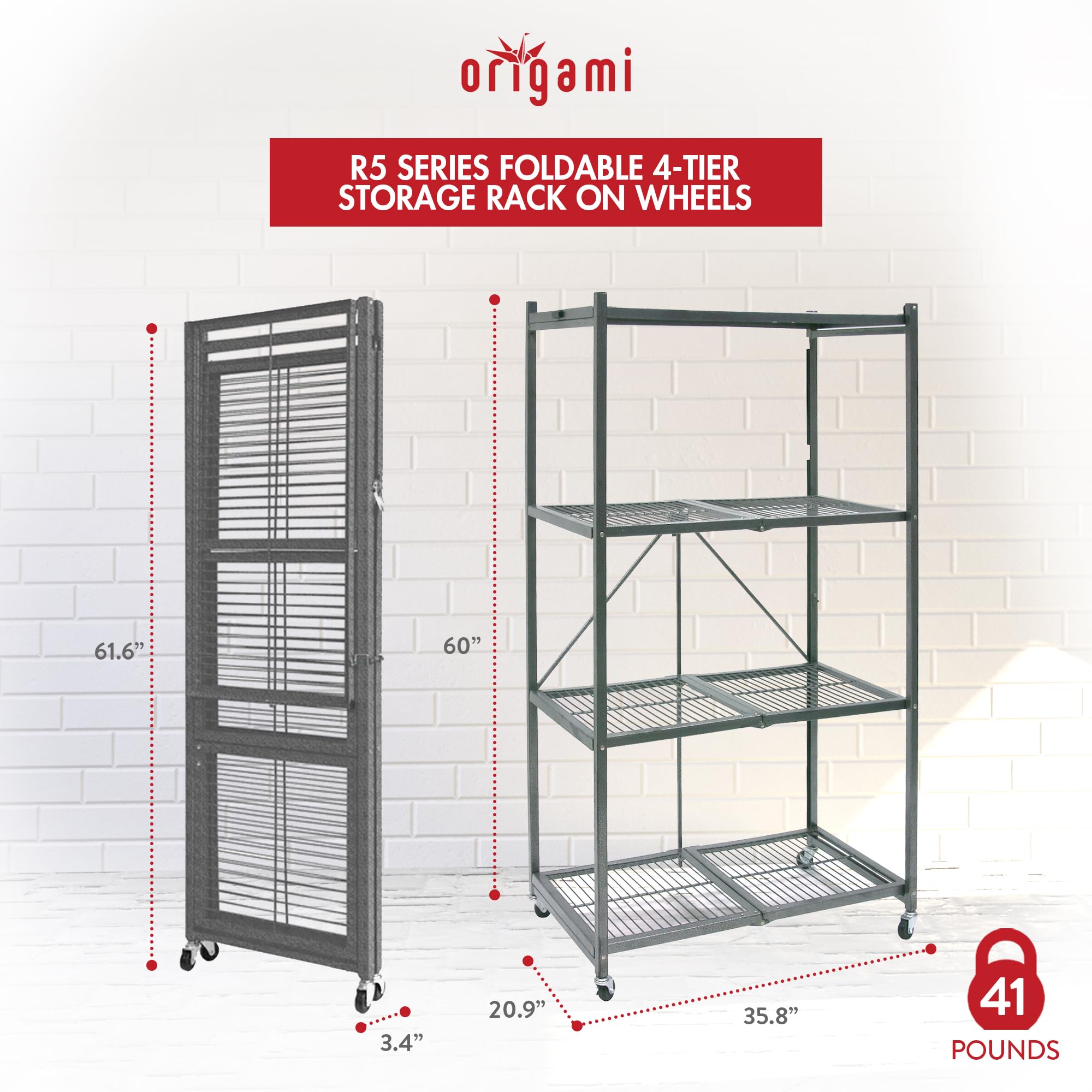 Origami 4-Shelf Foldable Storage Shelves | for Garage Kitchen Bakers Closet, Metal Wire, Collapsible Organizer Rack, Holds up to 1000 pounds, Powder-Coated Steel, Heavy Duty | Pewter
