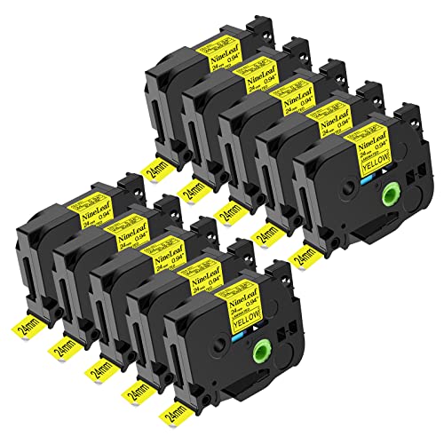 NineLeaf 10 Pack Compatible Label Tape Replacement for Brother TZe TZe-651 TZ-651 TZ651 Black on Yellow Laminated Tapes 24mm 1'' x 26.2 ft Work with P-Touch PT-D600 PT-P710BT 2730 E500 Label Maker