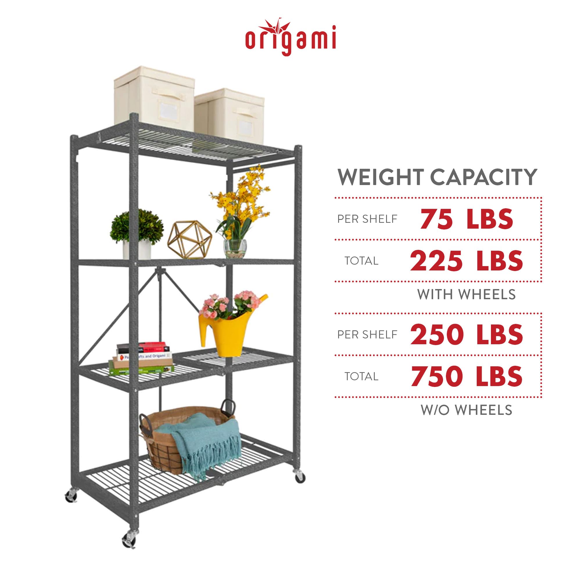 Origami 4-Shelf Foldable Storage Shelves | for Garage Kitchen Bakers Closet, Metal Wire, Collapsible Organizer Rack, Holds up to 1000 pounds, Powder-Coated Steel, Heavy Duty | Pewter