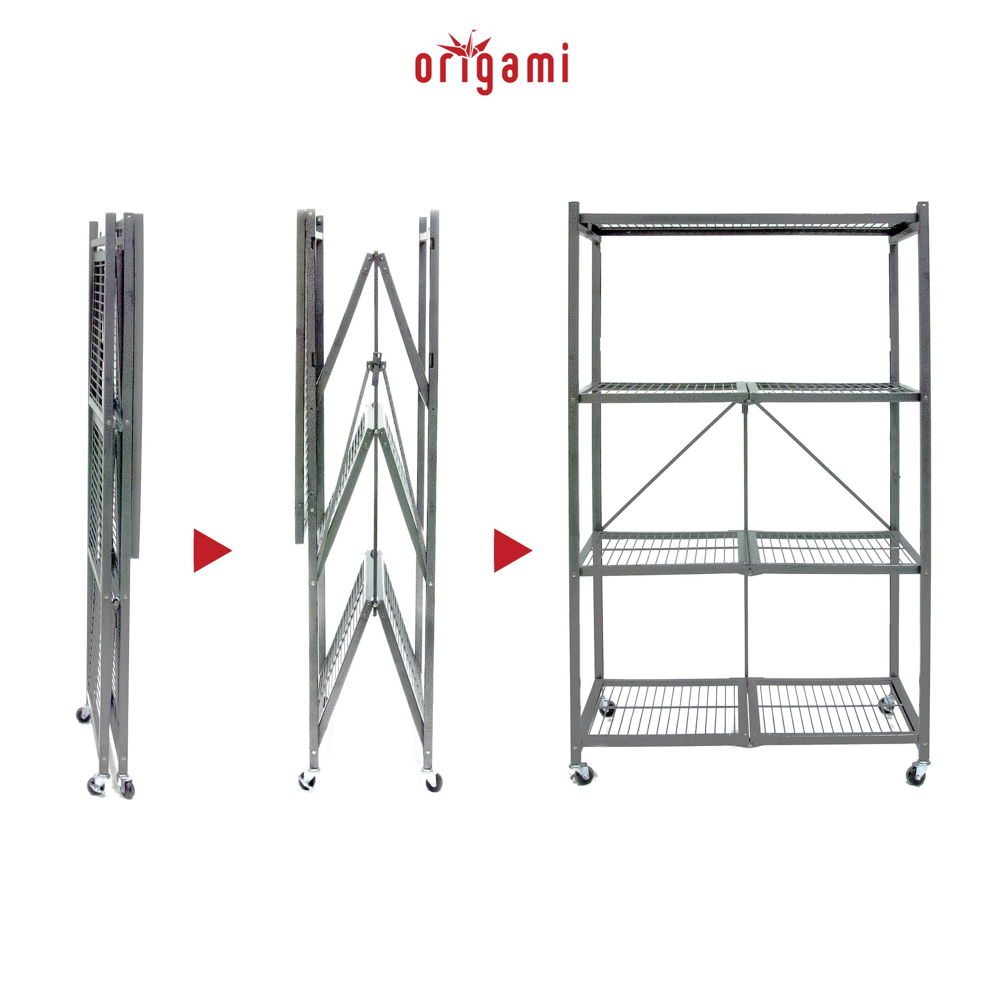 Origami 4-Shelf Foldable Storage Shelves | for Garage Kitchen Bakers Closet, Metal Wire, Collapsible Organizer Rack, Holds up to 1000 pounds, Powder-Coated Steel, Heavy Duty | Pewter