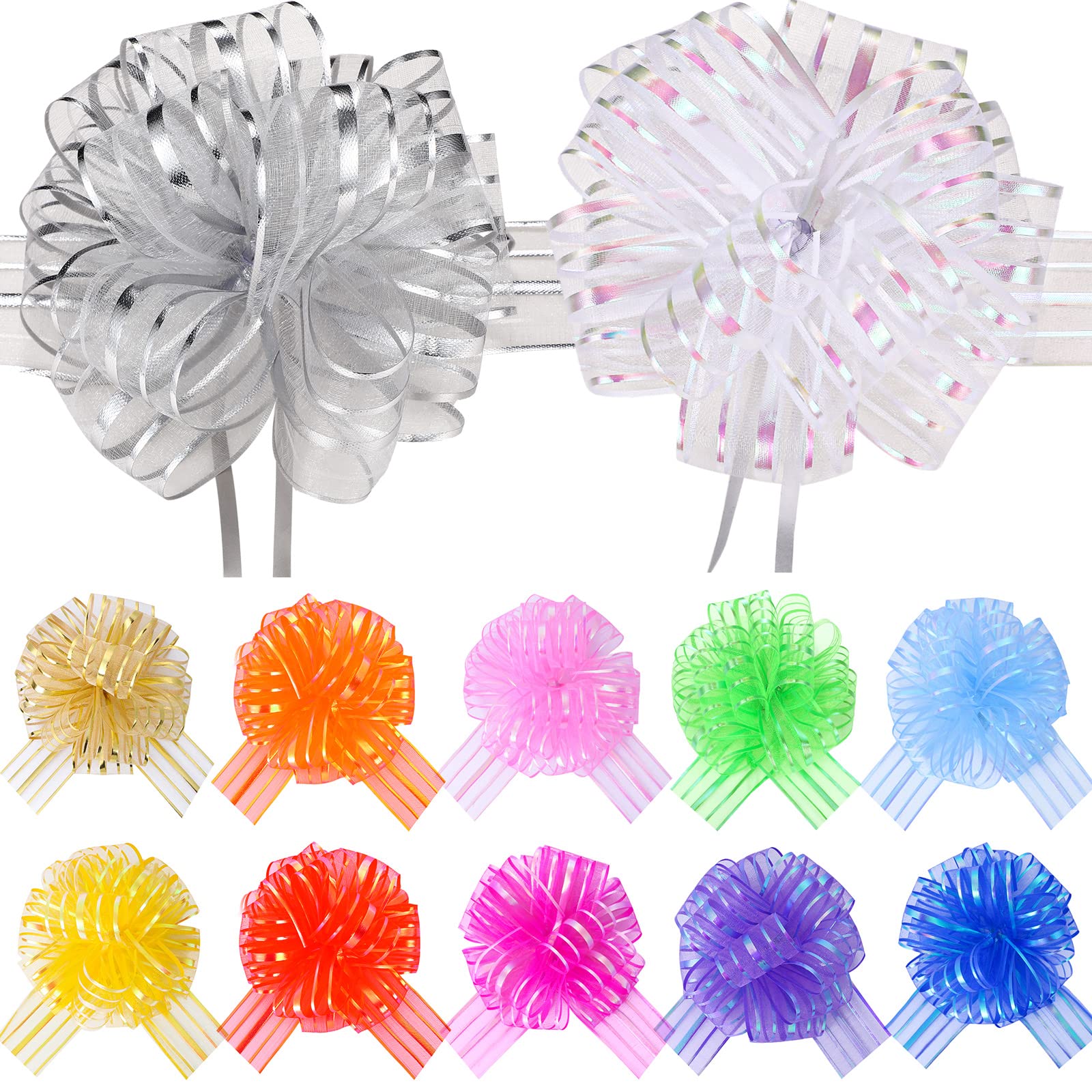 12 Pieces Pull Wrapping Bow Large Organza Gift Pull Bows with Ribbon for Wedding Gift Baskets (Mixed Color, 6 Inch)