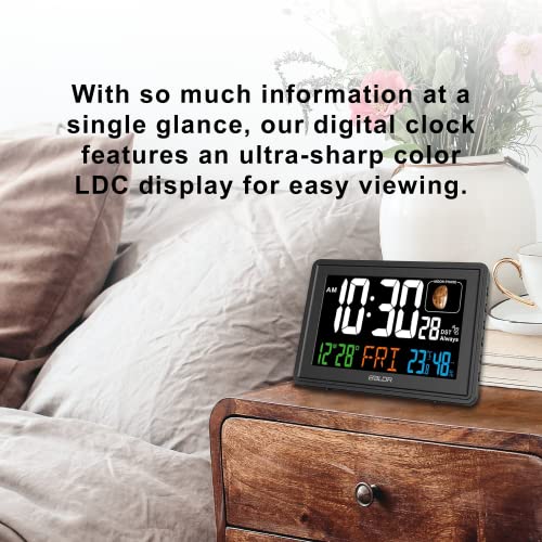 BALDR Atomic Alarm Clock - Large Color Display Digital Desk Clock - With Indoor Thermometer for Temperature & Humidity - Date & Real-Time Moon Phases - Perfect Office Clock or Nightstand Clock (Black)