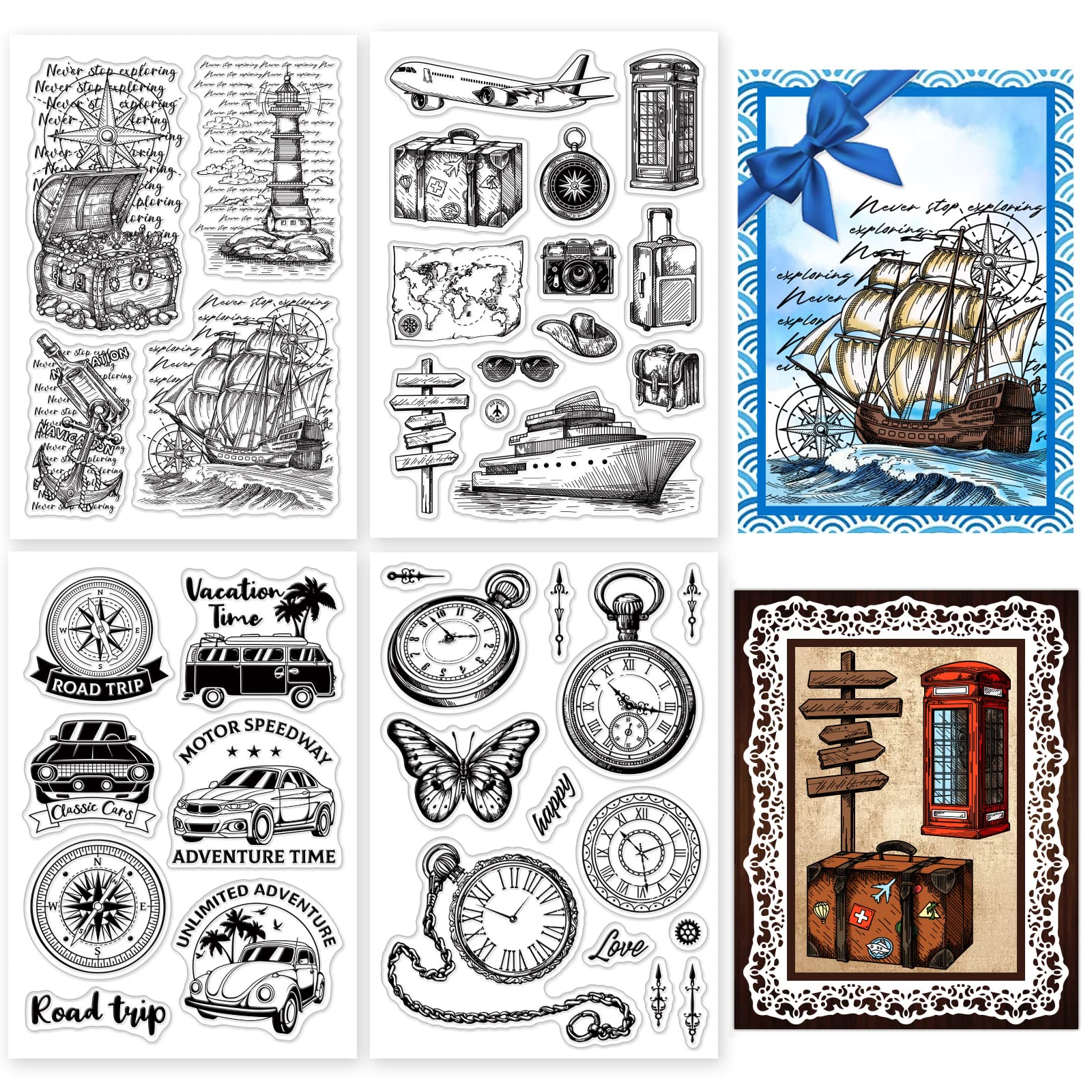 GLOBLELAND 4Pcs World Travel Ship Compass Clear Stamps Car Ship Journey World Travel Clock Cruise Ship Transparent Silicone Rubber Stamps for DIY Scrapbooking Supplies Embossing Paper Card Album