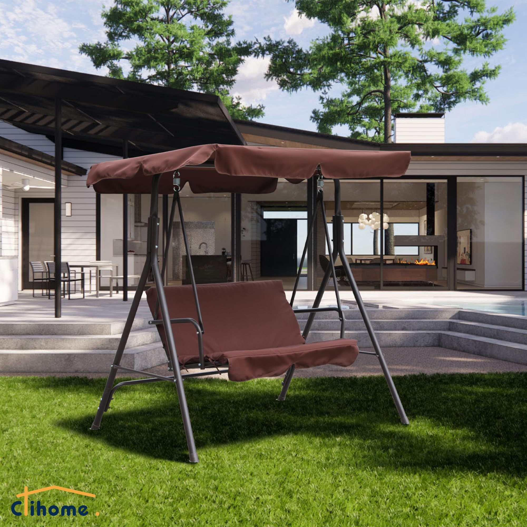 Clihome Porch Swing Chair Outdoor Patio Swing Set 2-Person Swing Chairs for Outside Outdoor Swings for Adults Adjustable Canopy Suitable for Patio, Garden, Poolside, Balcony, Backyard(Brown)