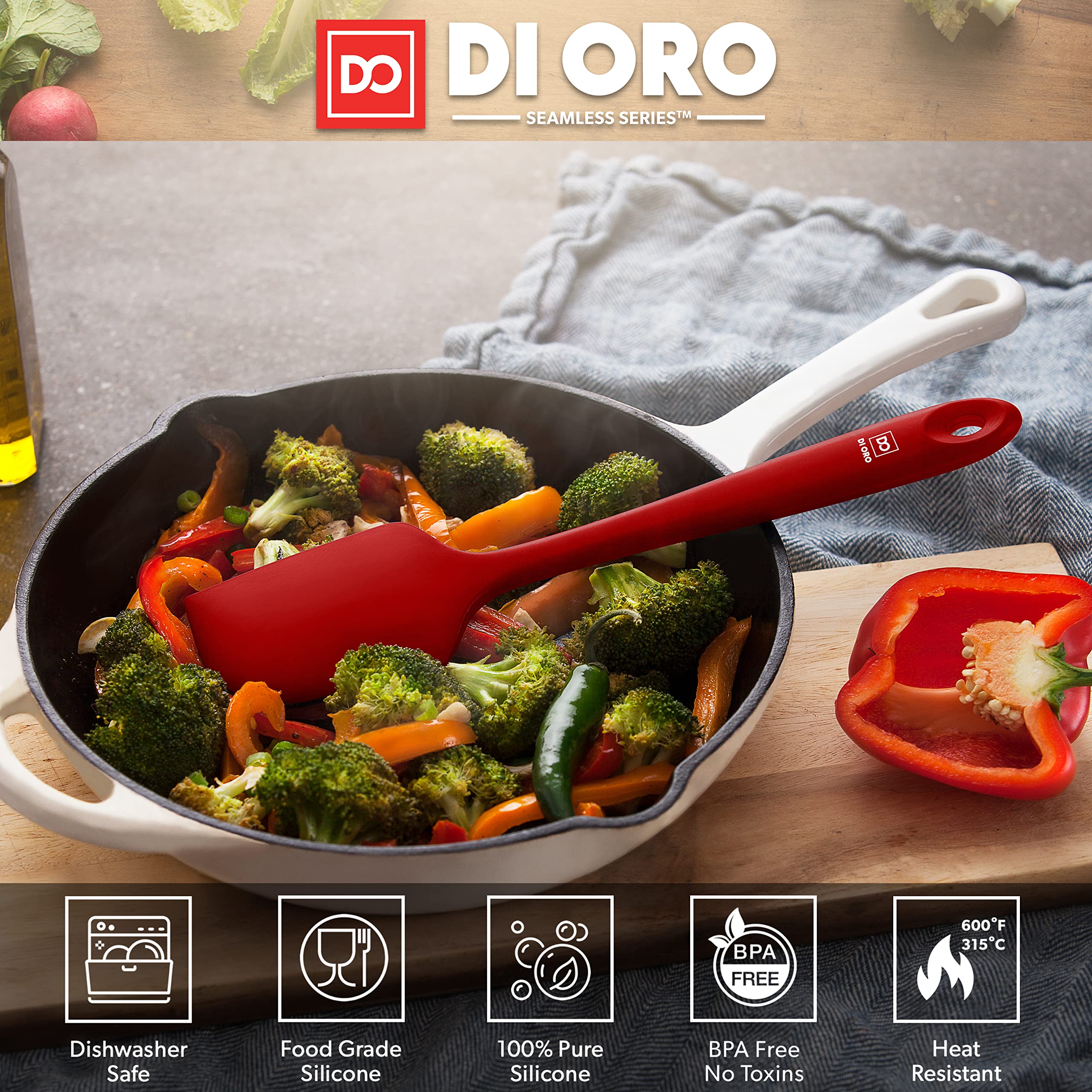 DI ORO - Large Silicone Spatula - 600ºF Heat-Resistant Spatula - Seamless Design - Pro-Grade Non-Stick Silicone Rubber with Reinforced Stainless Steel S-Core Technology (RED)