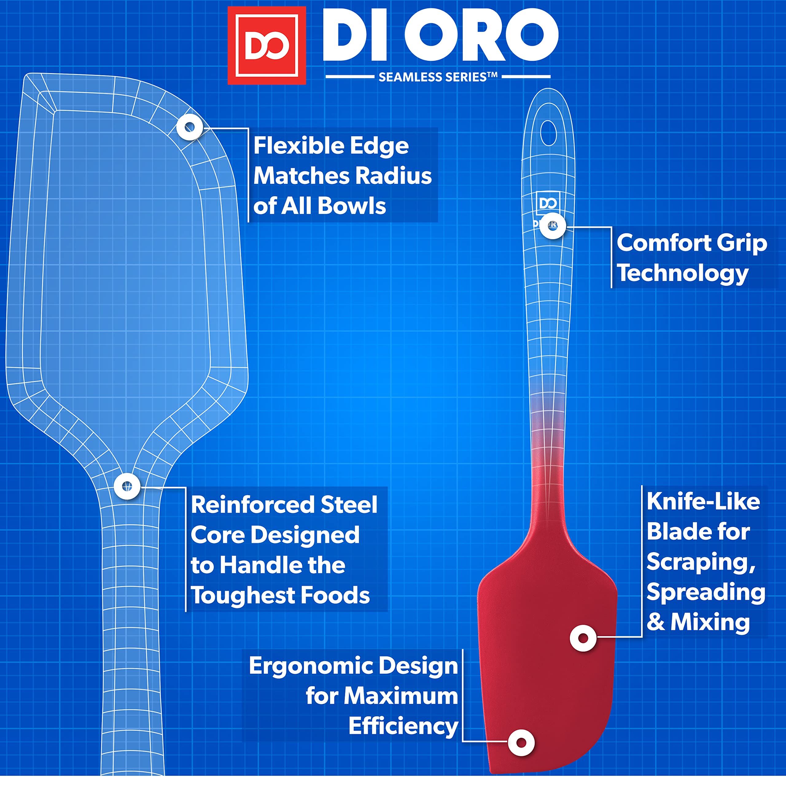 DI ORO - Large Silicone Spatula - 600ºF Heat-Resistant Spatula - Seamless Design - Pro-Grade Non-Stick Silicone Rubber with Reinforced Stainless Steel S-Core Technology (RED)