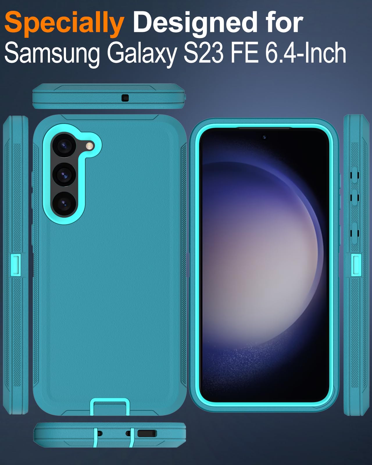 Aliruke for Samsung Galaxy S23-FE Case, with Screen Protector, Dust-Proof Port Cover, Full-Body Silicone Rubber Covered, Military Grade Drop-Proof Shockproof Phone Case for S23 FE 5G, Mint/Teal