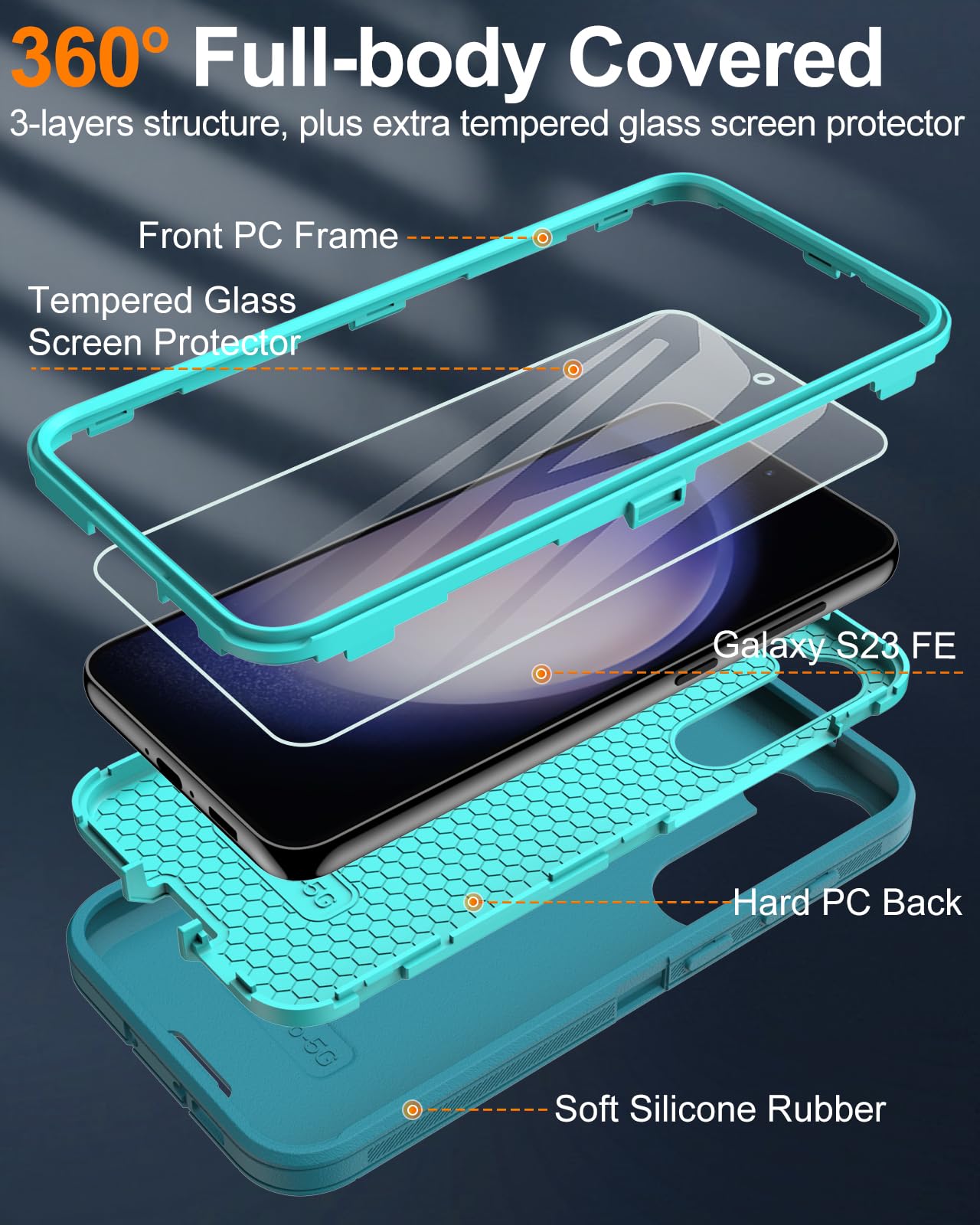 Aliruke for Samsung Galaxy S23-FE Case, with Screen Protector, Dust-Proof Port Cover, Full-Body Silicone Rubber Covered, Military Grade Drop-Proof Shockproof Phone Case for S23 FE 5G, Mint/Teal