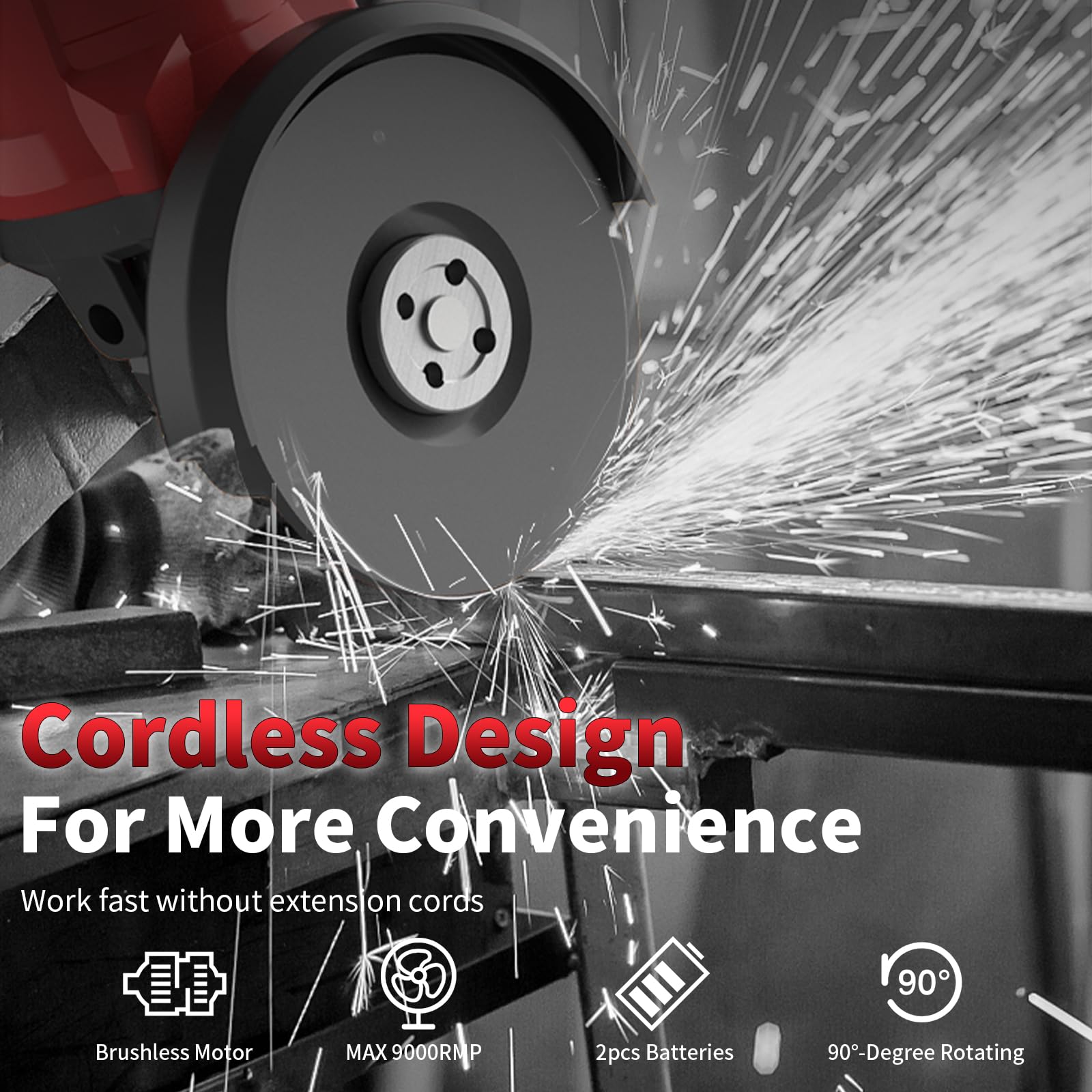 NAWIN 20V-cordless angle grinder 4-1/2'' cut off tool 2×4.0Ah Batteries & Charger,Max Brushless Motor 9000 RPM for Cutting, Grinding,Polishing(angle grinder variable speed)