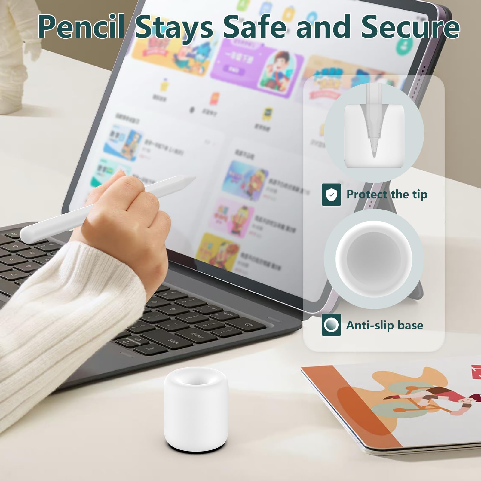 GeeRic Pencil Stand Compatible with Apple Pencil 1st, 2nd Generation, Elegant Holder with/Without Sleeve or Grip Durable Silicone Stand Tip Protection White