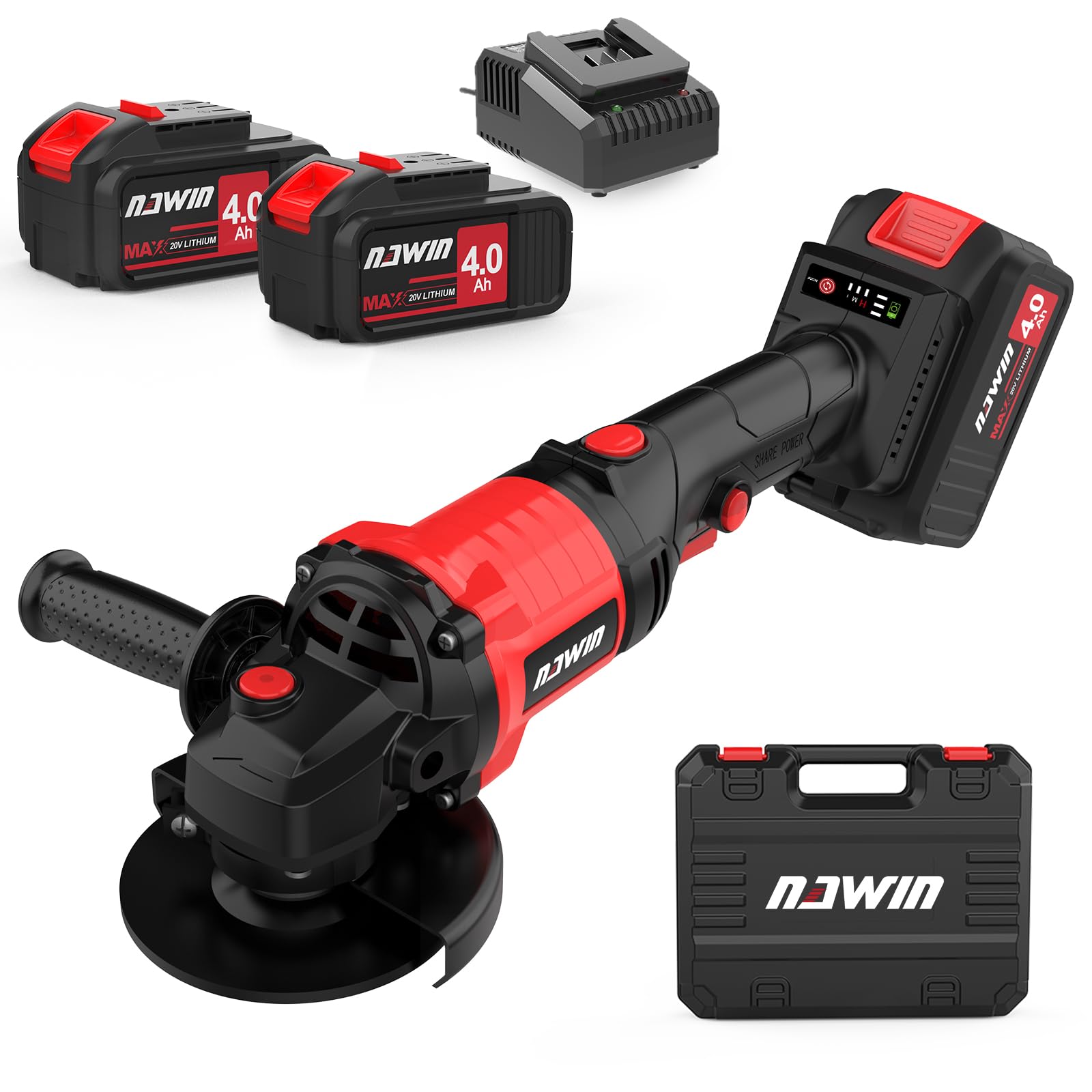 NAWIN 20V-cordless angle grinder 4-1/2'' cut off tool 2×4.0Ah Batteries & Charger,Max Brushless Motor 9000 RPM for Cutting, Grinding,Polishing(angle grinder variable speed)