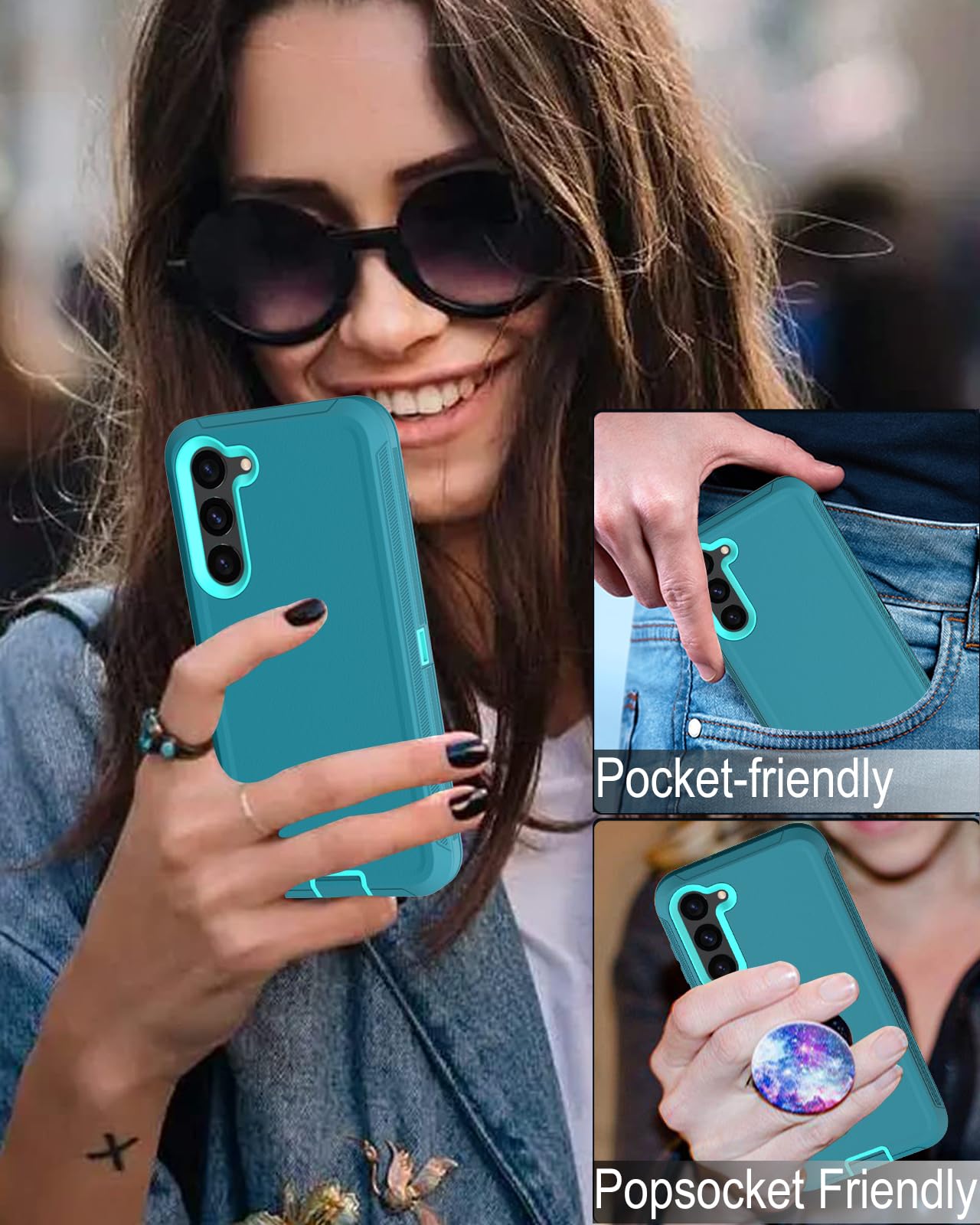Aliruke for Samsung Galaxy S23-FE Case, with Screen Protector, Dust-Proof Port Cover, Full-Body Silicone Rubber Covered, Military Grade Drop-Proof Shockproof Phone Case for S23 FE 5G, Mint/Teal