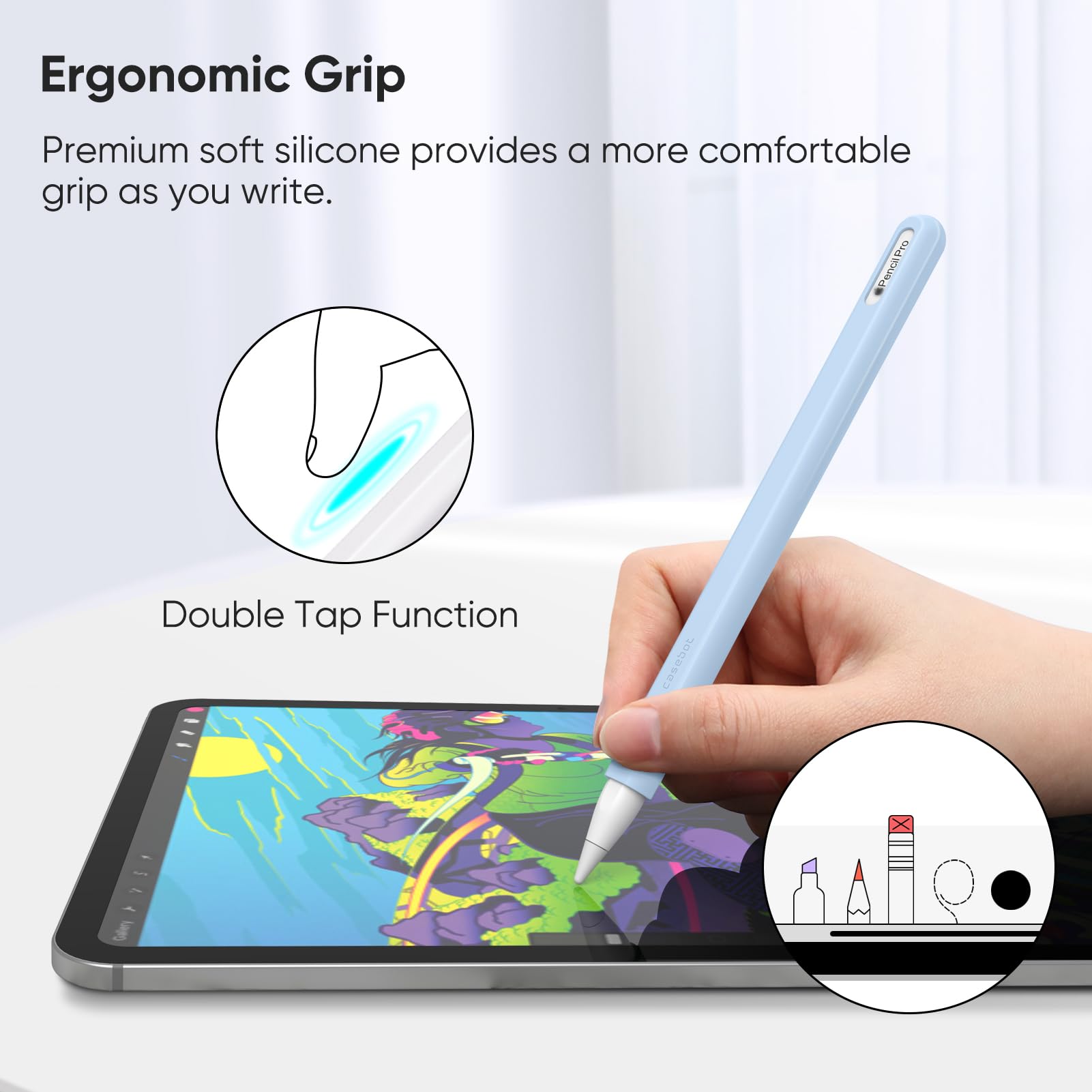 Fintie Silicone Sleeve for Apple Pencil Pro & Apple Pencil 2nd Generation, Light Pen Skin Case Cover Soft Protective Grip Holder with 2 Nib Covers Accessories, Sky Blue