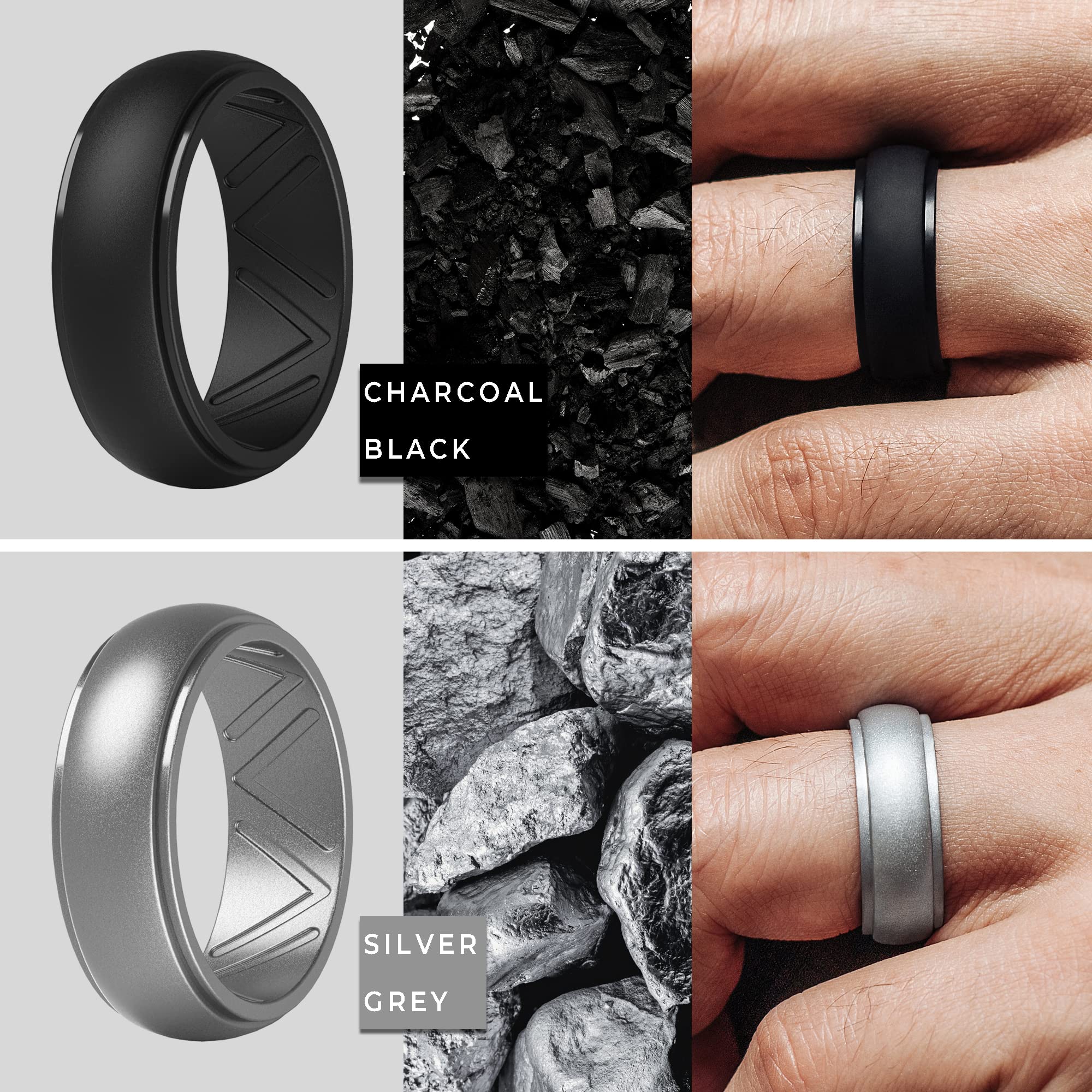 ThunderFit Men's Silicone Wedding Rings, Step Edge Breathable Rubber Engagement Bands 8.7mm Wide 2.5mm Thick - 1/4/7 Variety Multipack (Pack N - Size 14.5-15 (23.06mm))