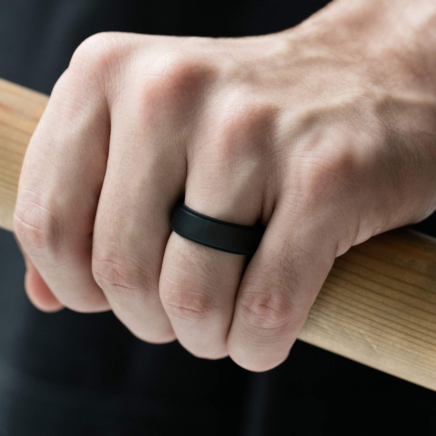 ROQ Silicone Rubber Wedding Ring for Men, Comfort Fit, Men's Wedding Band, Breathable Rubber Engagement Band, 8mm Wide 2mm Thick, Step Edge, Single, Black, Size 11