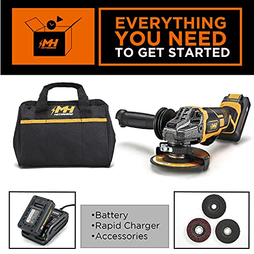 MOTORHEAD 20V ULTRA 4-1/2 inch Cordless Angle Grinder, Lithium-Ion, 10000RPM, 3 Position Handle, Paddle Switch, 2Ah Battery, Quick Charger, Bag, (3) Cutting, Grinding & Polishing Wheels, USA-Based