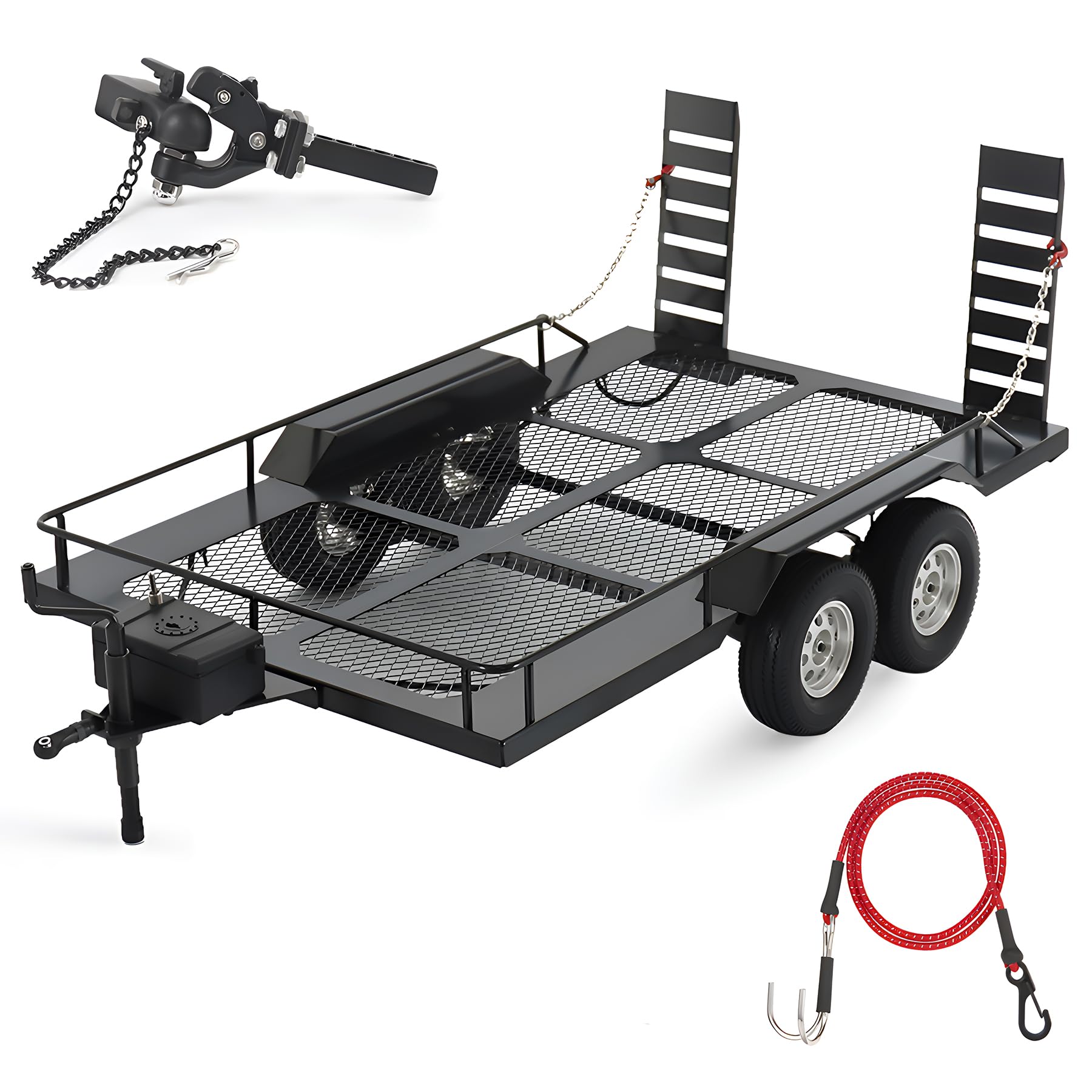 RC Trailer Metal 1/10 Scale Trailer Kit, for RC Crawler axial SCX10 D90 Wrangler TRX6 TRX4 Redcat GEN8 RGT 86100 SMT CFX CC01 CC02 LC80 trx4 Upgrades (RC Trailer Kit and Elastic Kinetic Winch Strap)