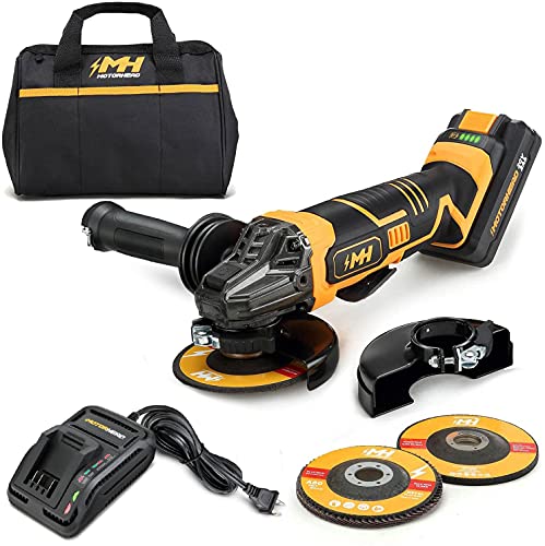 MOTORHEAD 20V ULTRA 4-1/2 inch Cordless Angle Grinder, Lithium-Ion, 10000RPM, 3 Position Handle, Paddle Switch, 2Ah Battery, Quick Charger, Bag, (3) Cutting, Grinding & Polishing Wheels, USA-Based