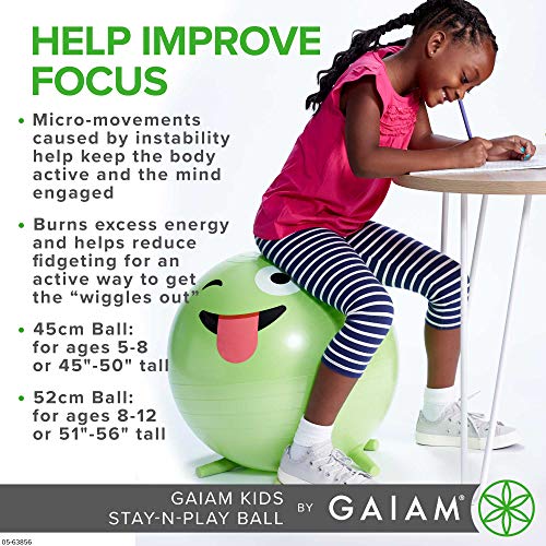 Gaiam Kids Stay-N-Play Children's Balance Ball - Flexible School Chair Active Classroom Desk Alternative Seating, Blue, Orange Junior, Lime Junior and Grey, 52cm