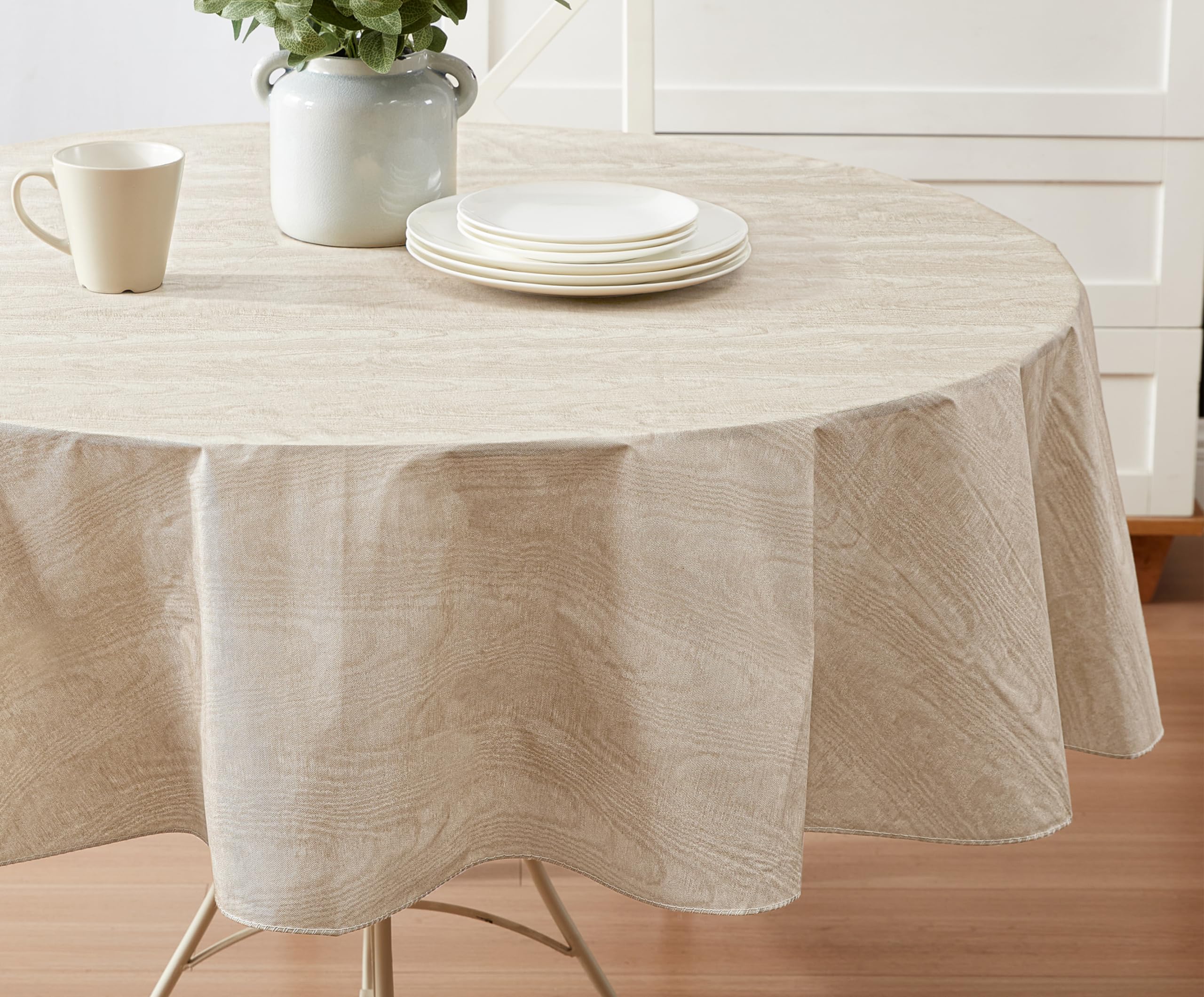 Newbridge Taupe Moire Wavy Solid Color Print Heavy Weight Vinyl Flannel Backed Tablecloth, Indoor/Outdoor Vinyl Tablecloth with Flannel Backing, 60” x 84” Oval