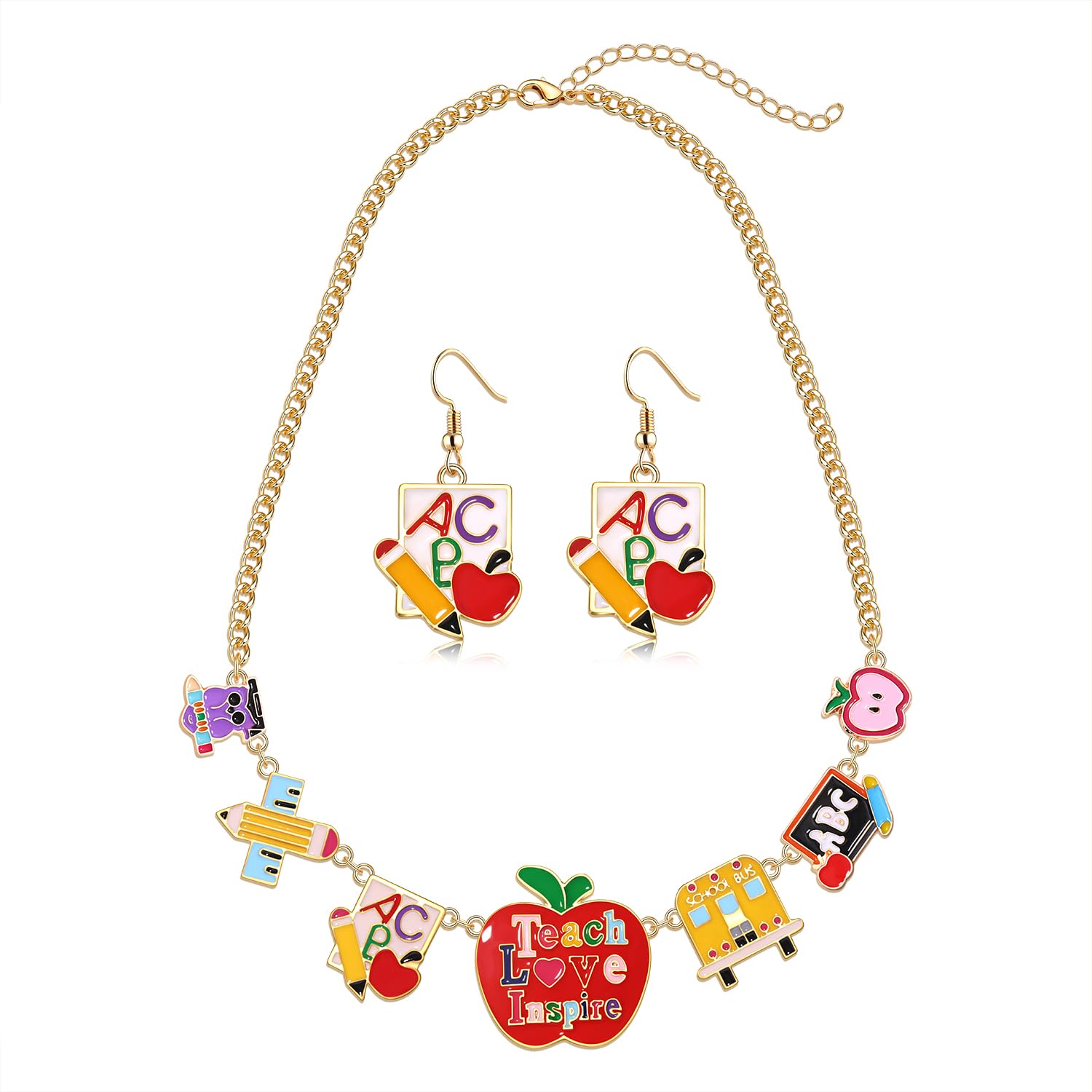 Teacher Earrings Necklace for Women Cute Back to School Apple Pencil School Bus ABC Chalkboard Owl Charms Pendant Necklace Hypoallergenic Notebook Drop Dangle School Student Earrings Jewelry Set Fun