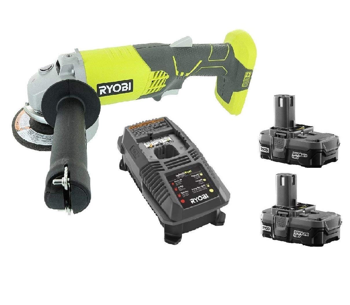 Ryobi 18v 4-1/2in Angle Grinder Tool P421 + (2) Batteries P102 + Charger P118 (Bulk Packaged) (Renewed)