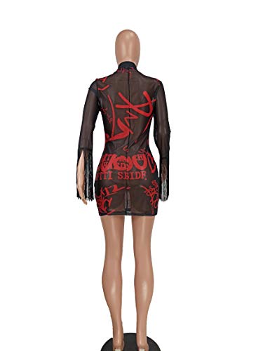 Uni Clau Women Sexy Mini Mesh Sheer See Through Dresses Tassel Long Sleeve Letter Print Bodycon Party Dress Red XL