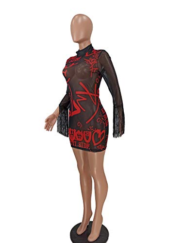 Uni Clau Women Sexy Mini Mesh Sheer See Through Dresses Tassel Long Sleeve Letter Print Bodycon Party Dress Red XL