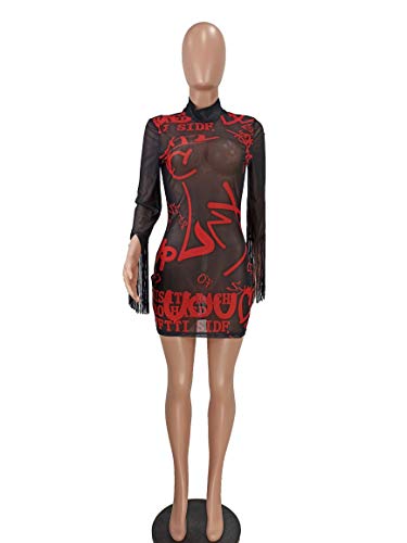 Uni Clau Women Sexy Mini Mesh Sheer See Through Dresses Tassel Long Sleeve Letter Print Bodycon Party Dress Red XL