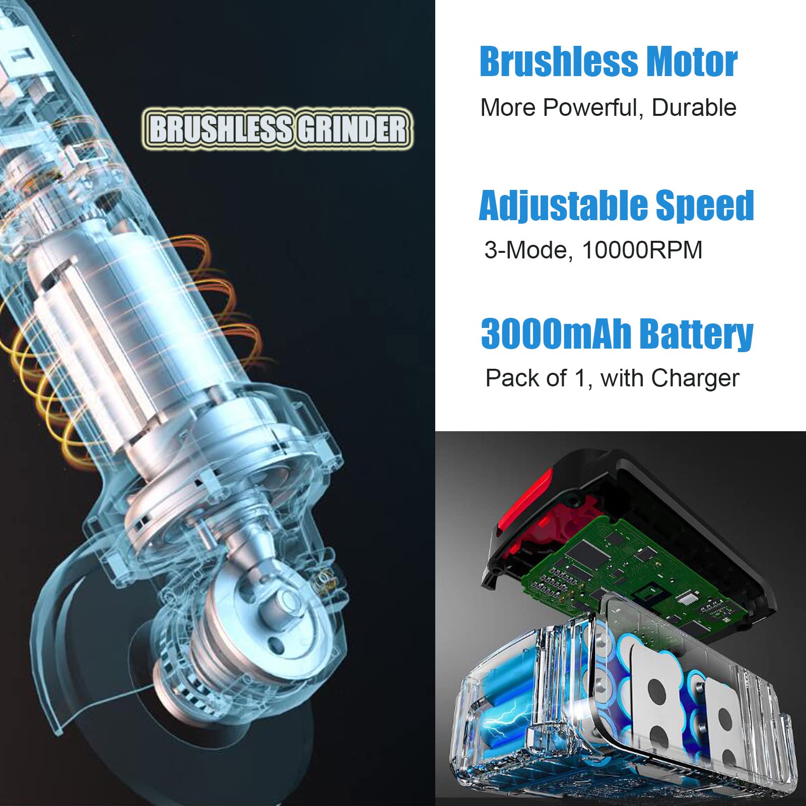 Cordless Angle Grinder 4.5 Inch, 10000 RPM, with 3000mAh Battery, Grinding Wheel, Cutting Wheels, Side Handle, Goggles, Storage bag, Lightweight Compact Electric Grinder for Cutting Grinding