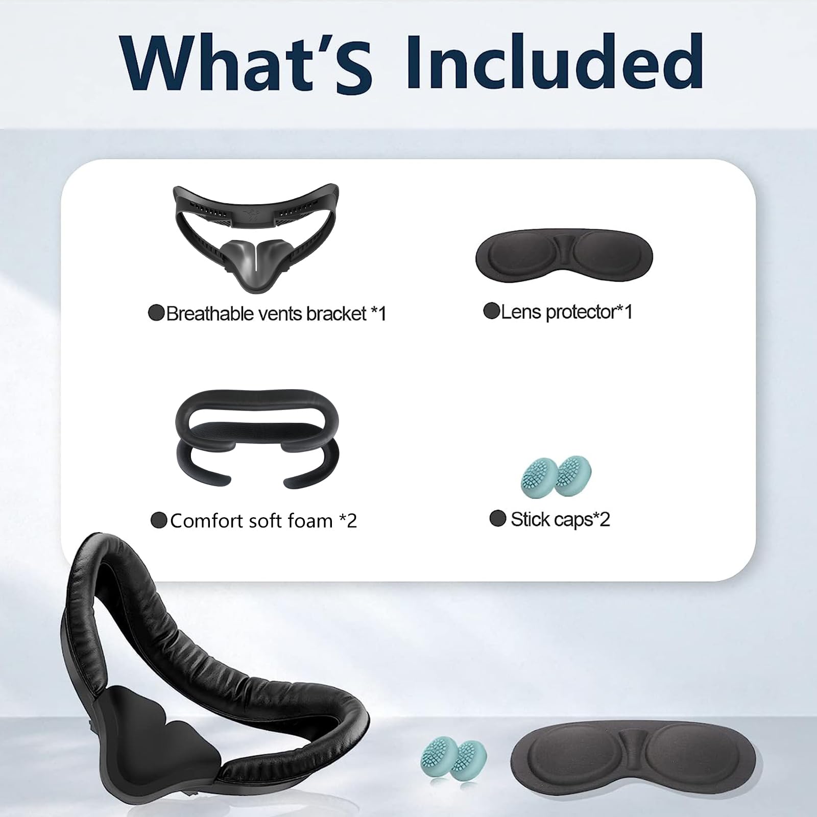 Hanpusen VR Face Pad for Oculus Quest 2 Accessories, 6-in-1 Set Facial Interface Bracket Face Cushion Cover, with 2pcs Sweat Proof Leather Foam Replacement, Lens Cover, Nose Pad, Shakes Stick Caps