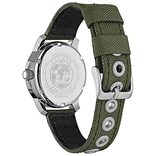 Citizen Men's Eco-Drive Weekender Garrison Field Watch in Stainless Steel with Olive Nylon strap, Black Dial (Model: BM8180-03E)