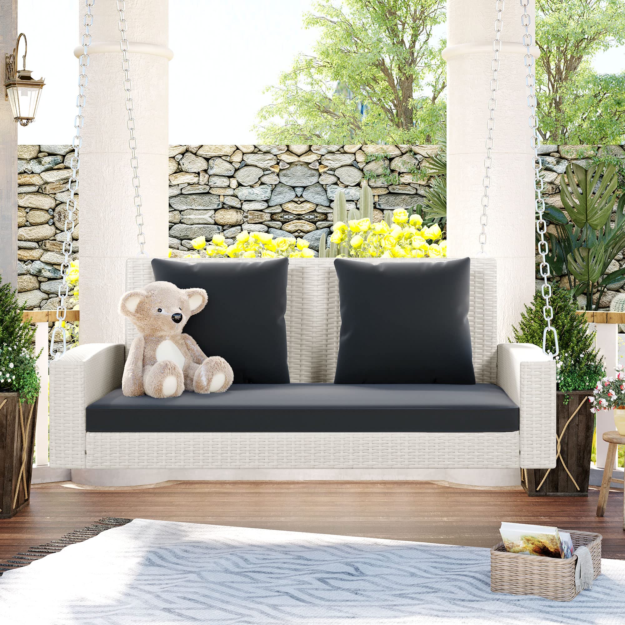 Melpomene 2-Person Wicker Hanging Porch Swing with Chains, Cushion, Pillow, Rattan Swing Bench for Garden, Backyard, Pond. (White+Wicker)