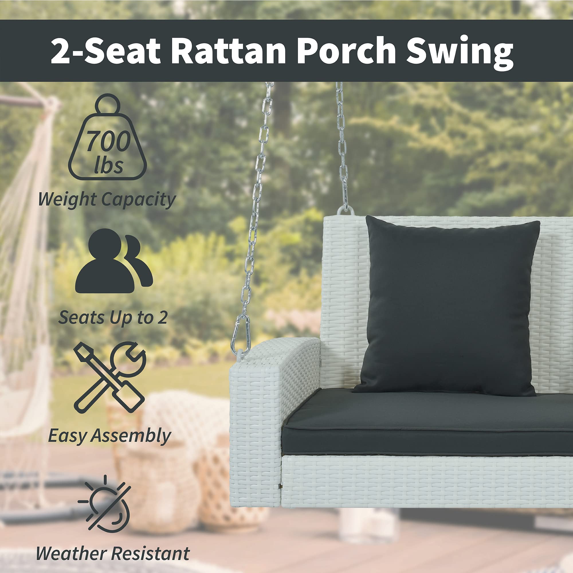 Melpomene 2-Person Wicker Hanging Porch Swing with Chains, Cushion, Pillow, Rattan Swing Bench for Garden, Backyard, Pond. (White+Wicker)