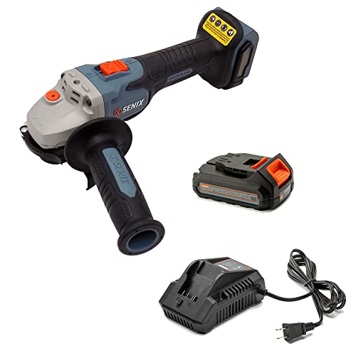SENIX X2 20 Volt Max* 5-Inch Brushless Angle Grinder Tool, 8500 RPM Max, 3-Position Auxiliary Handle, Spring-Loaded Safety Slide Switch, 2.5 Ah Battery and Charger Included (PAX2125-M2)