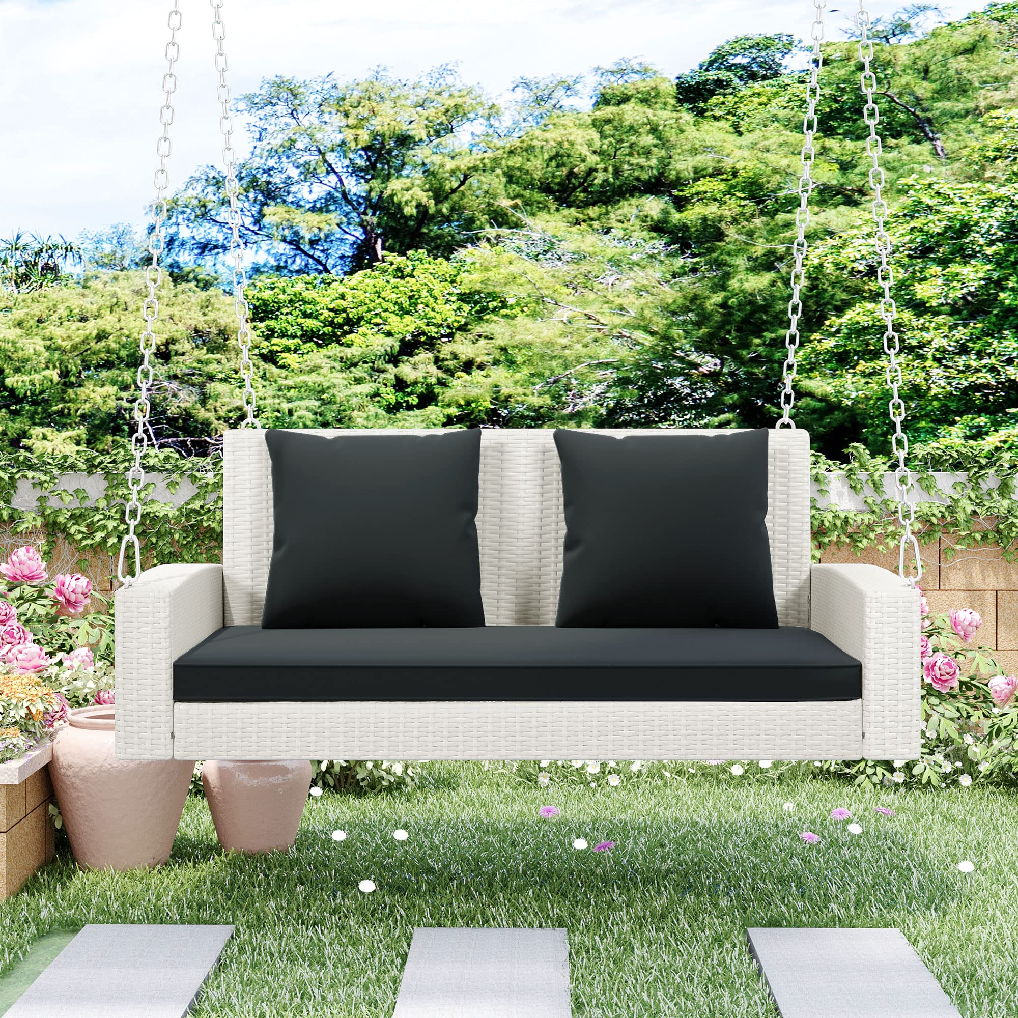 Melpomene 2-Person Wicker Hanging Porch Swing with Chains, Cushion, Pillow, Rattan Swing Bench for Garden, Backyard, Pond. (White+Wicker)