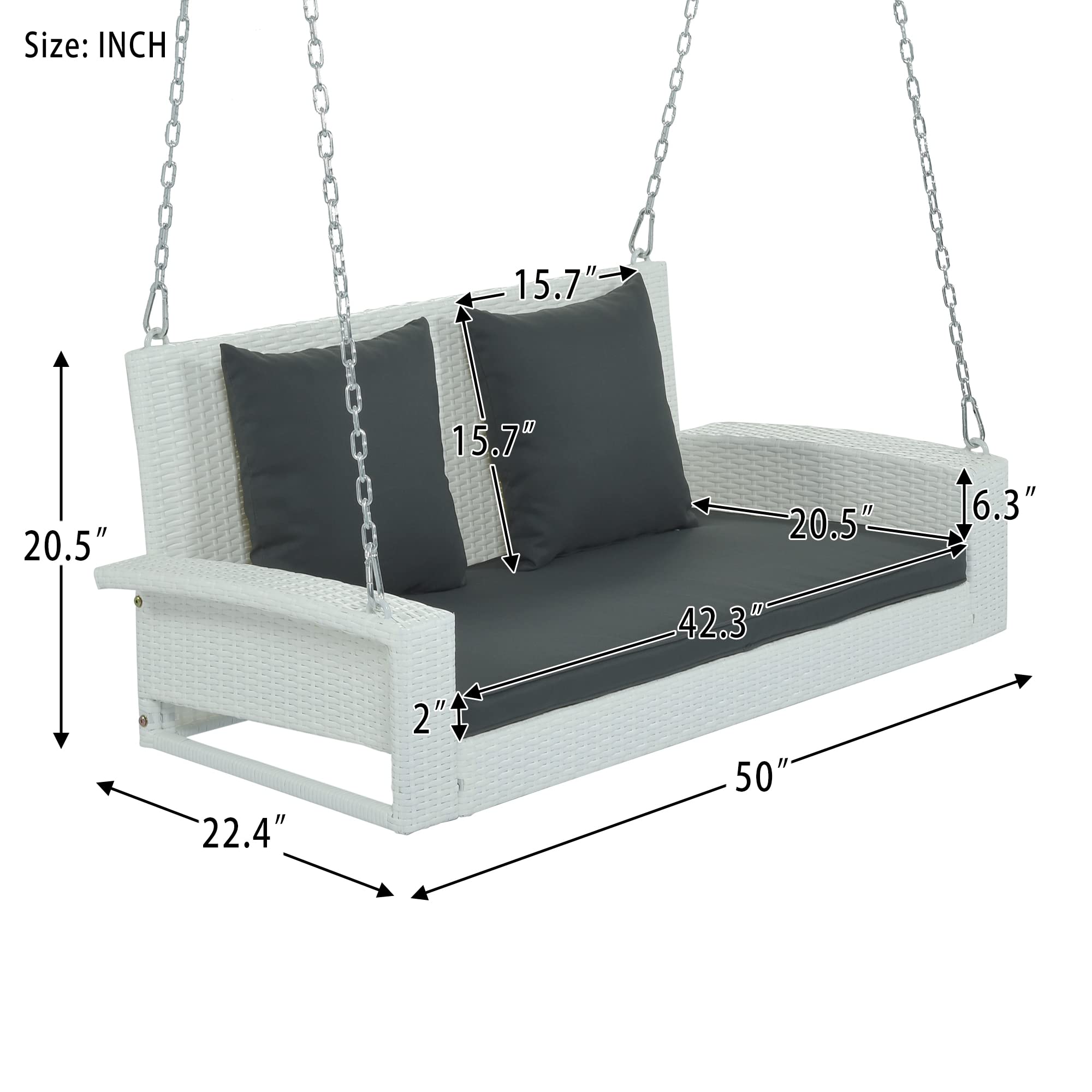 Melpomene 2-Person Wicker Hanging Porch Swing with Chains, Cushion, Pillow, Rattan Swing Bench for Garden, Backyard, Pond. (White+Wicker)