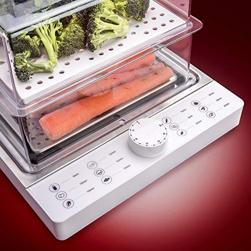 STX Evolution Foldable Family-Sized Food Steamer, Model STX-EV-WH, Featuring a Large Capacity (1.8 Liter) BPA-Free Water Reservoir with Time Matched Water Levels and Dual Level Stackable Trays