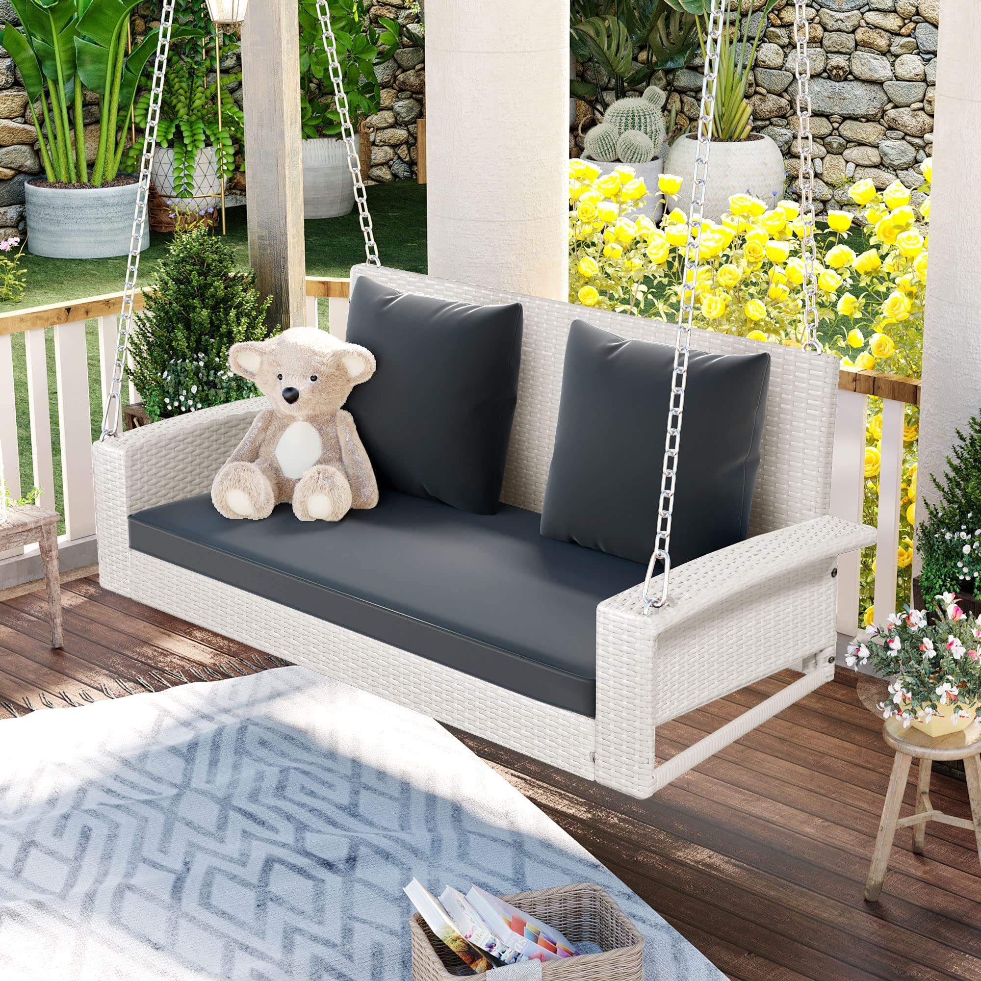Melpomene 2-Person Wicker Hanging Porch Swing with Chains, Cushion, Pillow, Rattan Swing Bench for Garden, Backyard, Pond. (White+Wicker)