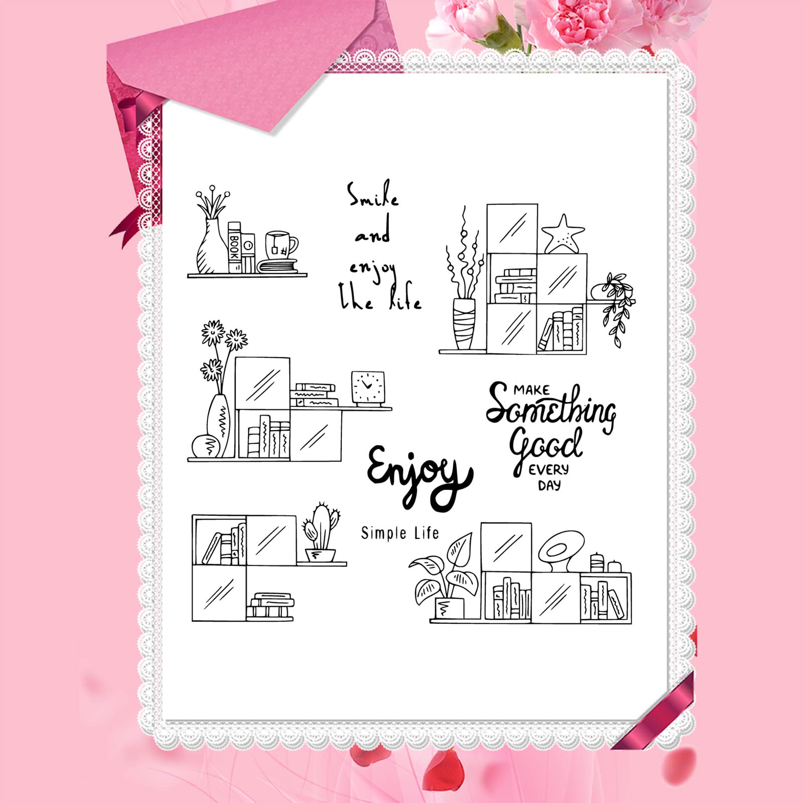 Flower Bookcase Clear Silicone Seal Stamp for Scrapbooking DIY Photo Album Decoration Card Making Embossing Rubber Stamp Clear Stamps for Crafts