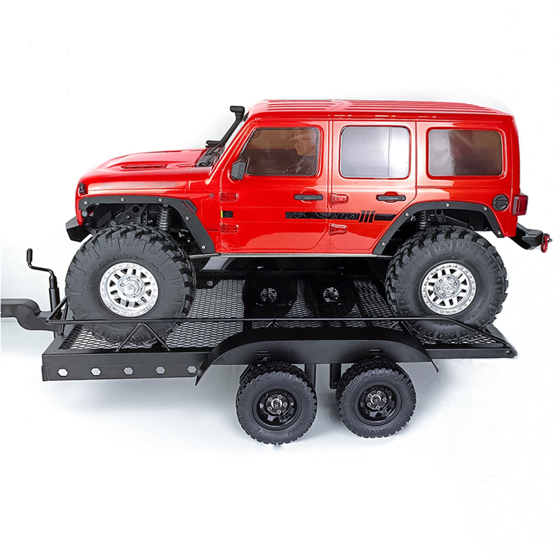 AMK RC Trailer, 1/10 Scale Trailer, Metal 1/10 RC Trailer with RC Trailer Hook Coupler and 1/10 RC Kinetic Winch Strap for 1/10 RC Crawler SCX10 TRX6 Redcat GEN8 TRX4 Upgrades