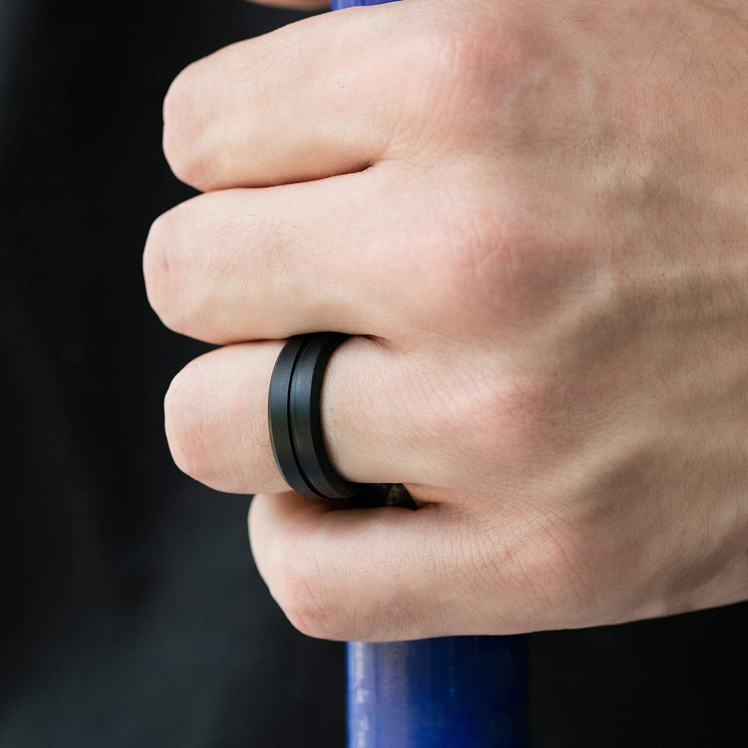ROQ Silicone Rubber Wedding Ring for Men, Men's Wedding Band, Breathable Rubber Engagement Band, 8mm Wide 2mm Thick, Engraved Middle Line, 4 Pack, Grey, Black Blue Camo, Black, Platinum, Size 10