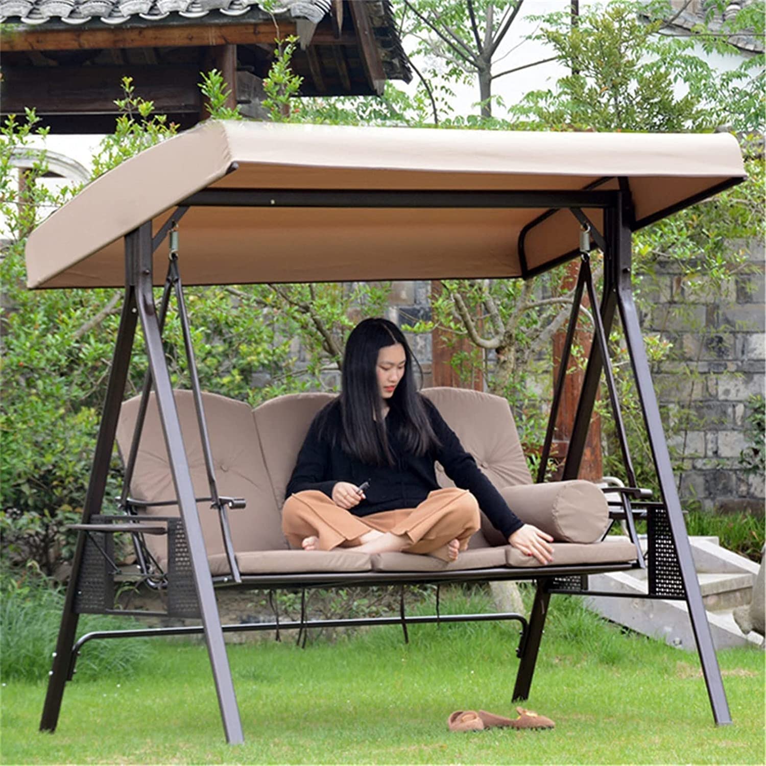 Replacement Canopy Top for Porch Swing, Strong Patio Swing Cover Universal Canopy for Garden Traditional 3 Person Swing (75x47x9inch, Beige)
